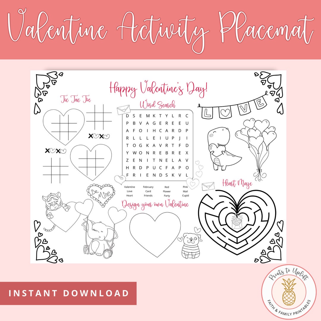 Kids Valentine Coloring Activity Placemat, Includes Maze, Word Search ...