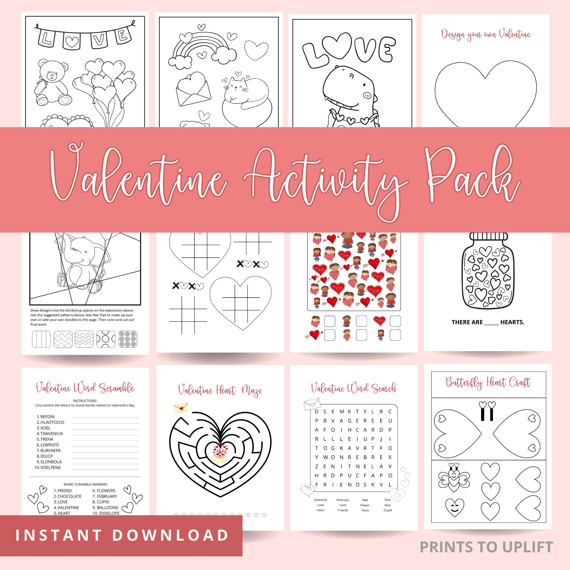 Kids Valentine Activity Pack, 14 Pages Including Coloring Pages, Maze ...