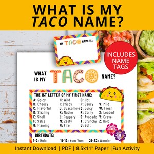 What’s My Taco Name Game Printable | Fiesta Party Game | Cinco De Mayo ...
