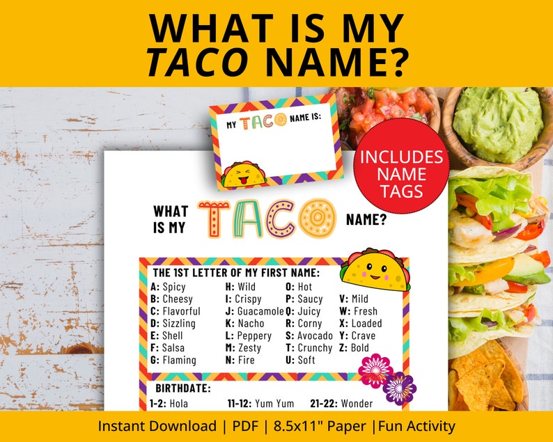 What's My Taco Name Game | Instant Download | Adults and Kids | Taco ...