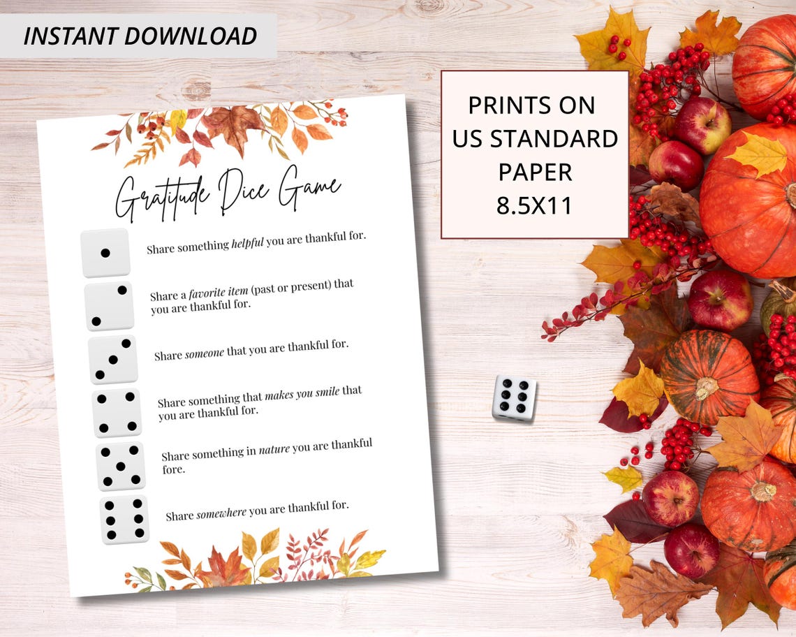 Thanksgiving Gratitude Dice Game | Printable Thanksgiving Game | Easy ...