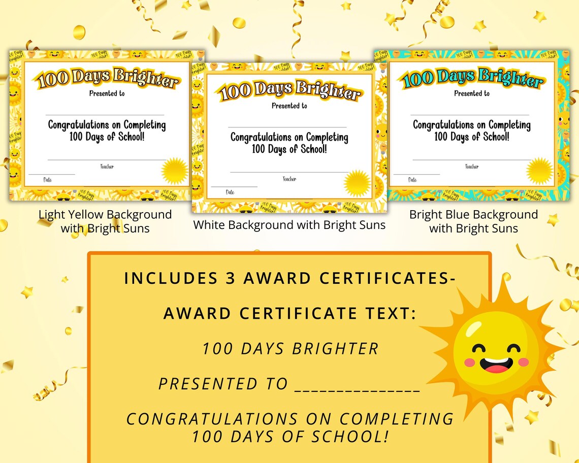 100 Days Brighter Award Certificate | 100 Days of School Student ...