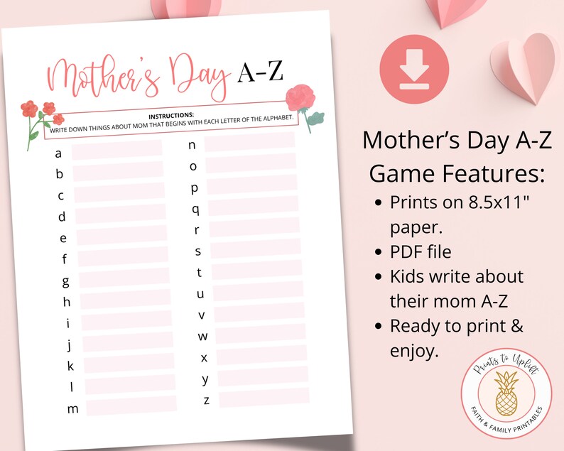 Printable Mother's Day A-Z Game | Instant Download | PDF | Mother's Day ...