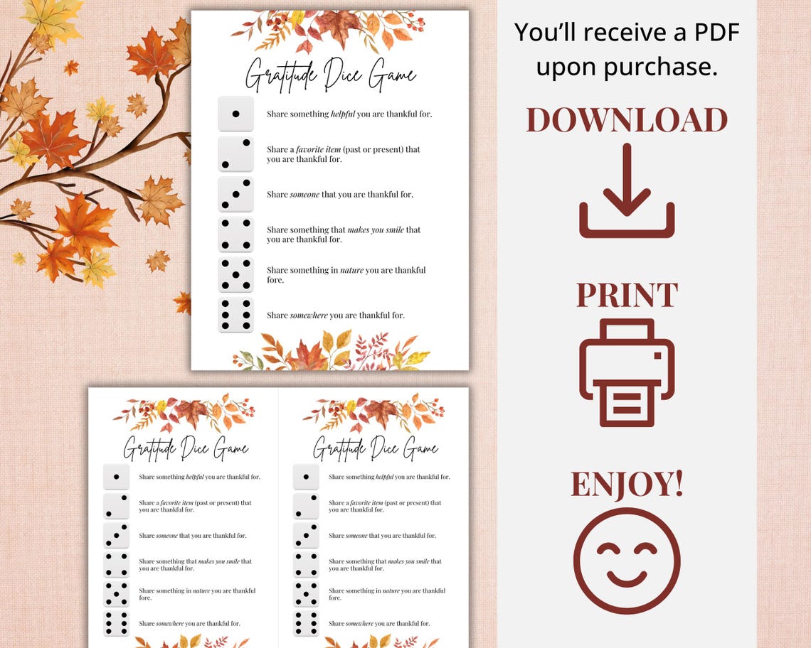 Thanksgiving Gratitude Dice Game | Printable Thanksgiving Game | Easy ...