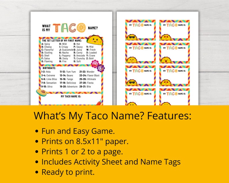 What's My Taco Name Game | Instant Download | Adults and Kids | Taco ...