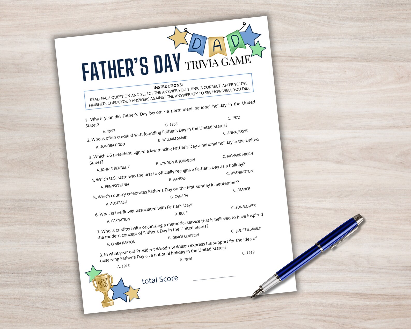 Father's Day Trivia Game | Dad's Day Printable | Quiz for Adults and ...