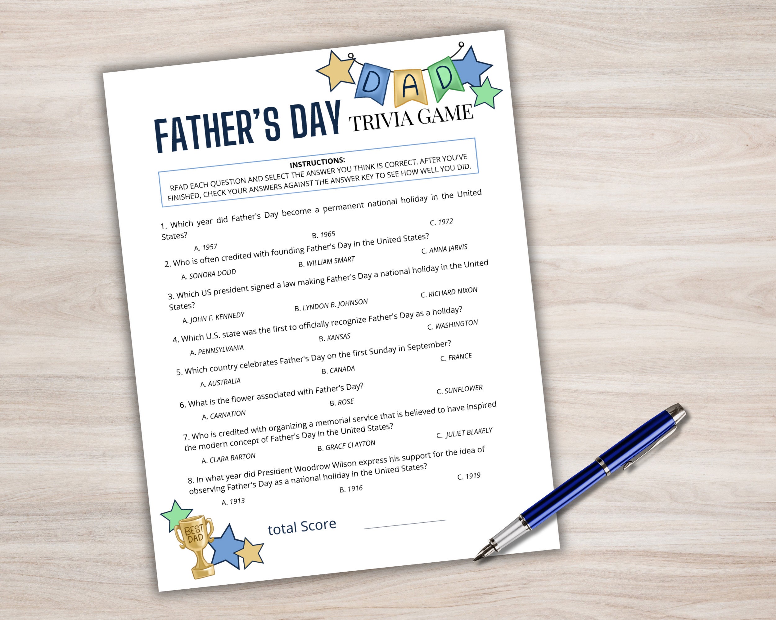 Father's Day Trivia Game | Dad's Day Printable | Quiz for Adults and ...