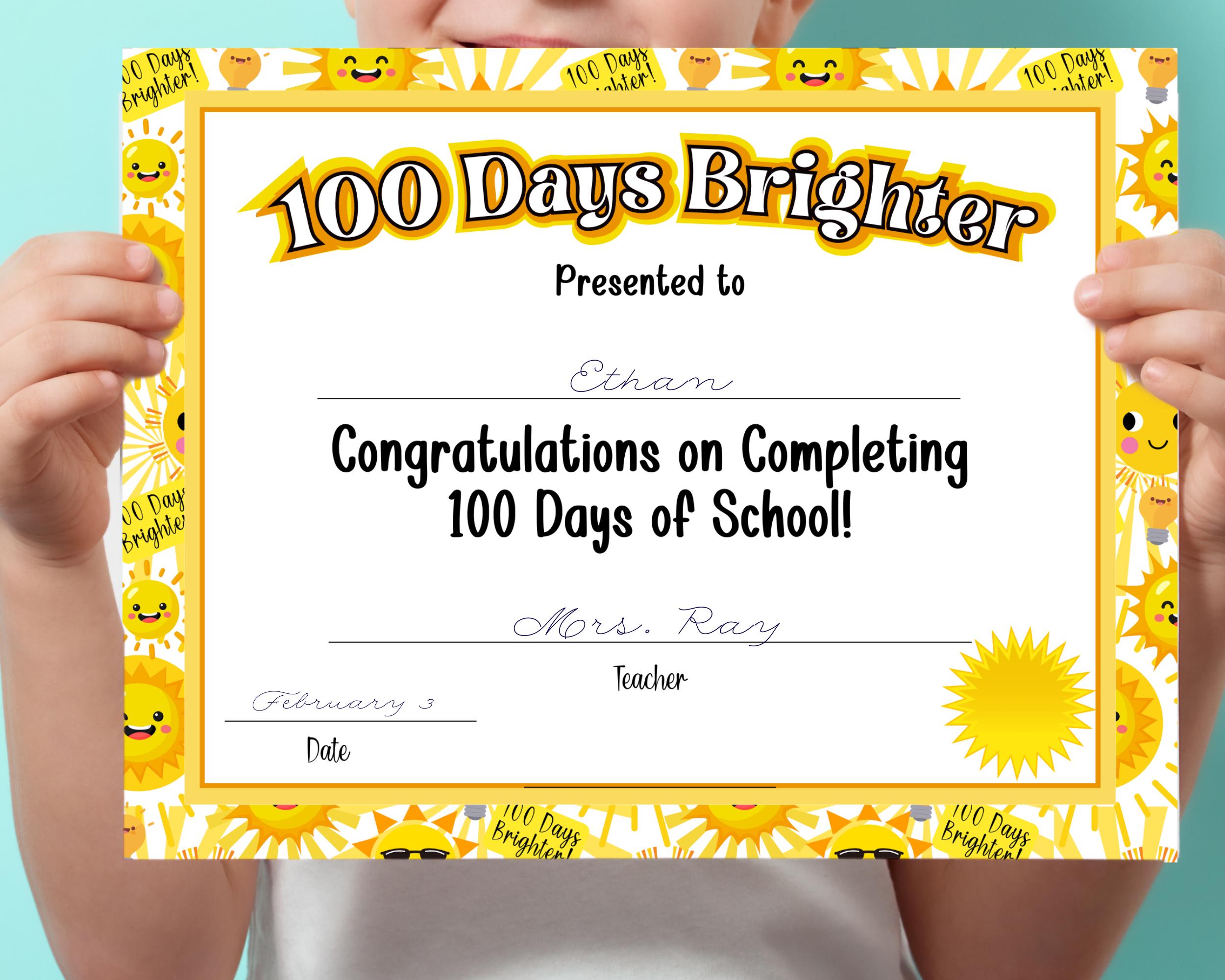 100 Days Brighter Award Certificate | 100 Days of School Student ...