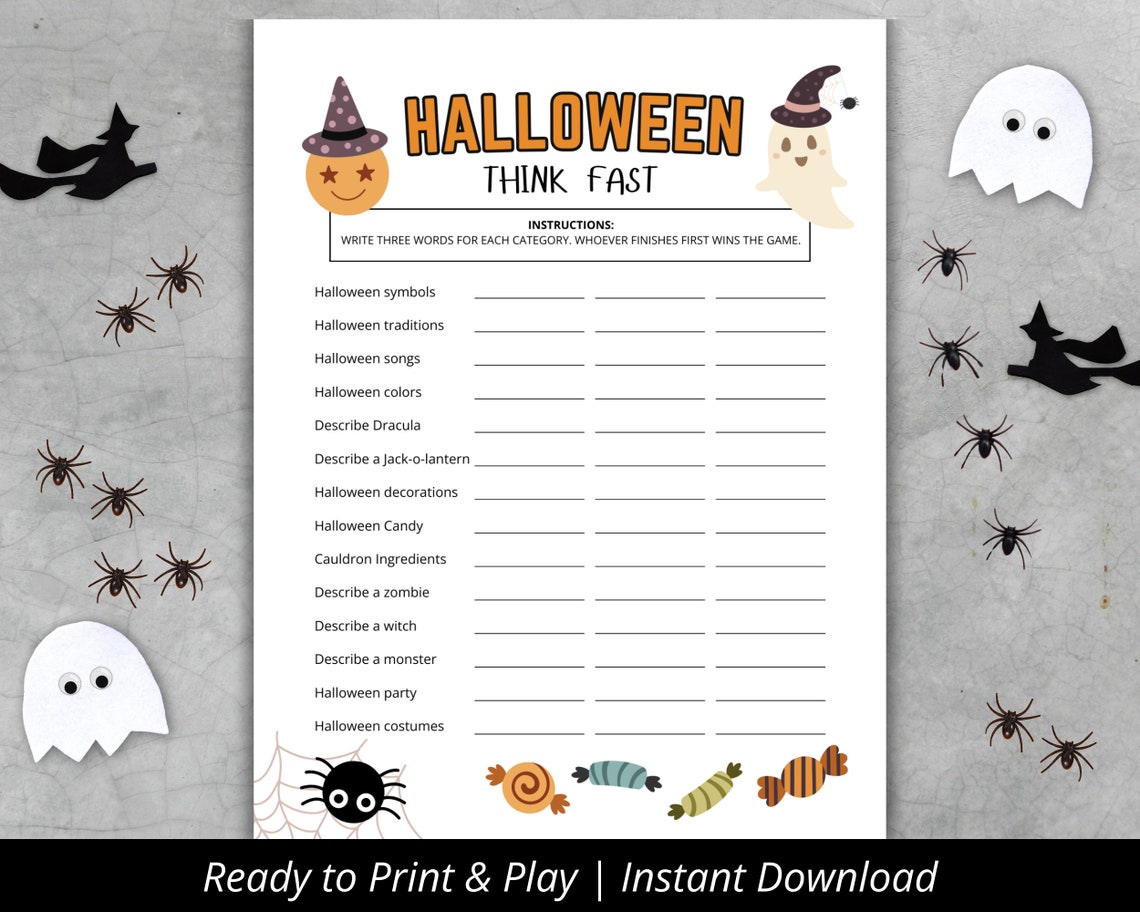 Halloween Think Fast Game | Printable Halloween Activity | Halloween ...