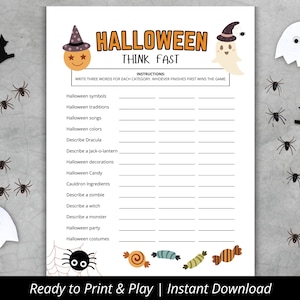 Halloween Think Fast Game | Printable Halloween Activity | Halloween ...