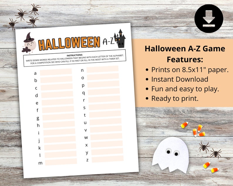 Halloween A-Z Game Printable Halloween Activity A-Z Race for Kids and ...