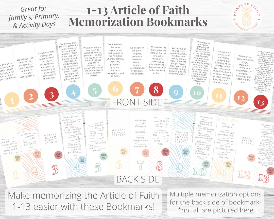 13 Articles of Faith Bookmarks Memorization Home Primary Families Kids ...