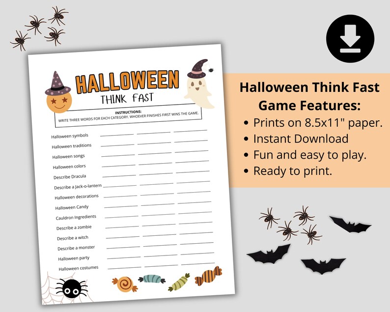 Halloween Think Fast Game | Printable Halloween Activity | Halloween ...