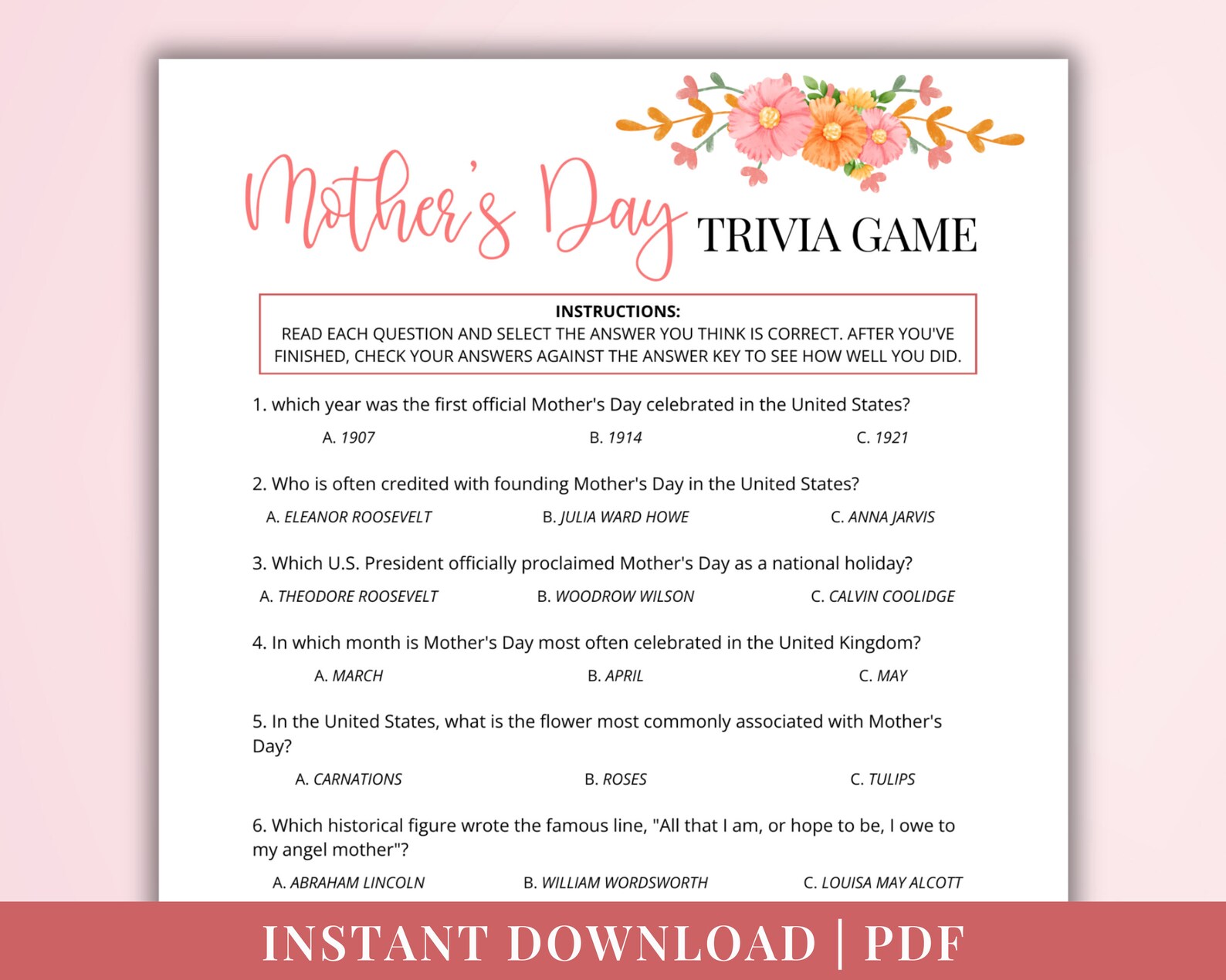 Mother's Day Trivia Game | Mom's Day Printable | Quiz for Adults and ...