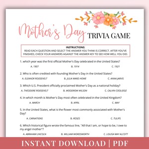 Mother's Day Trivia Game | Mom's Day Printable | Quiz for Adults and ...