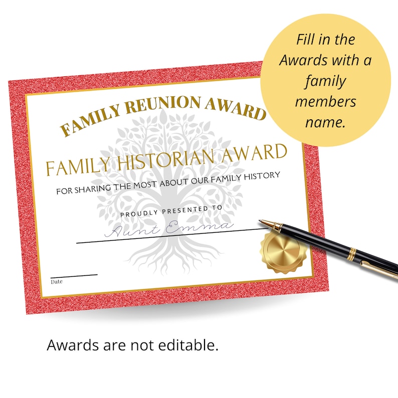 Family Reunion Awards, Printable Award Certificates to Use at Family ...