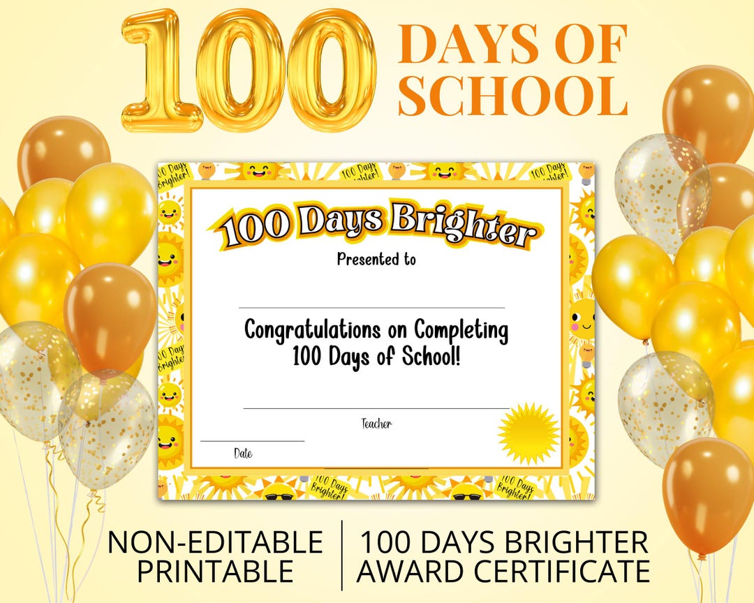 100 Days Brighter Award Certificate | 100 Days of School Student ...