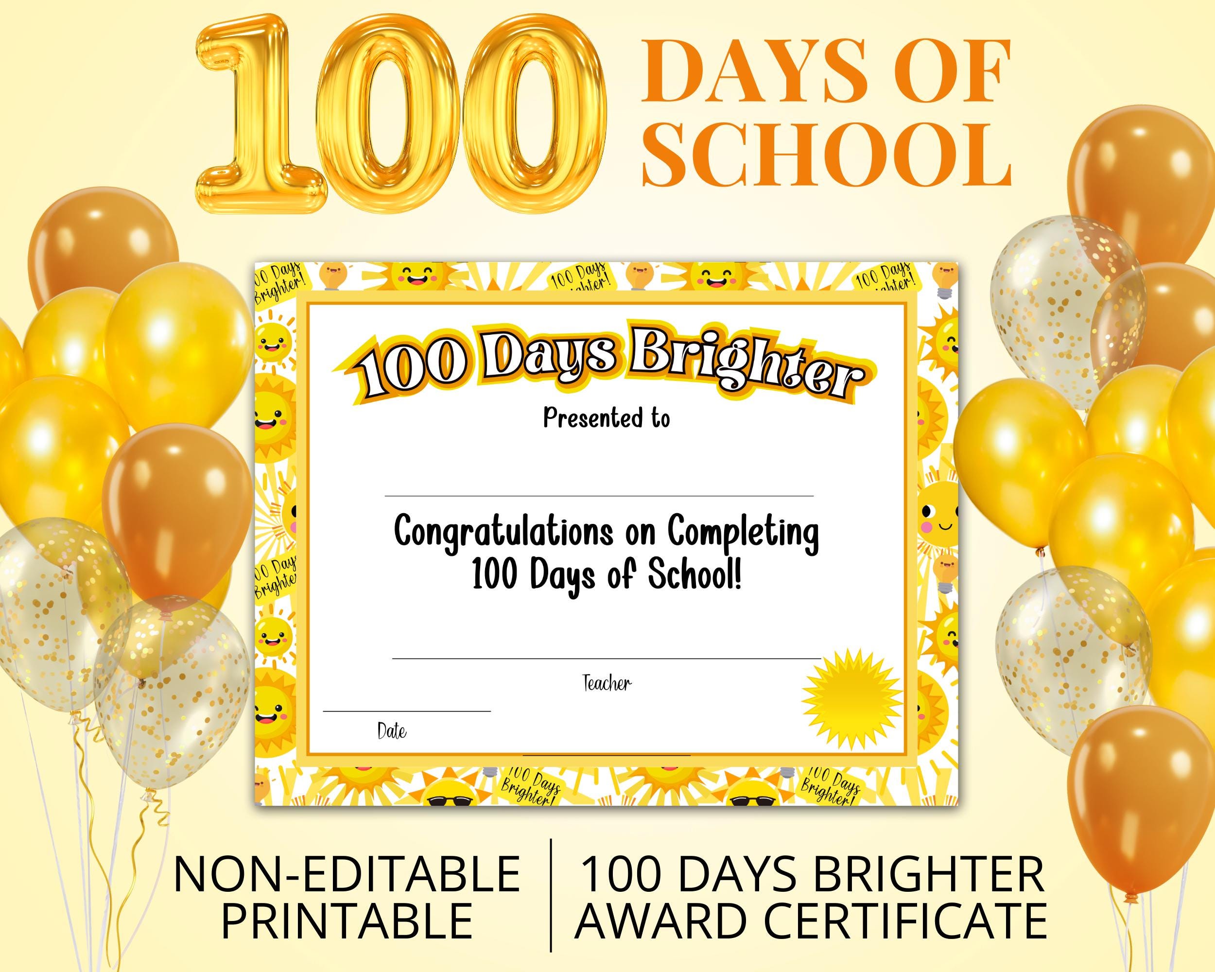 100 Days Brighter Award Certificate | 100 Days of School Student ...