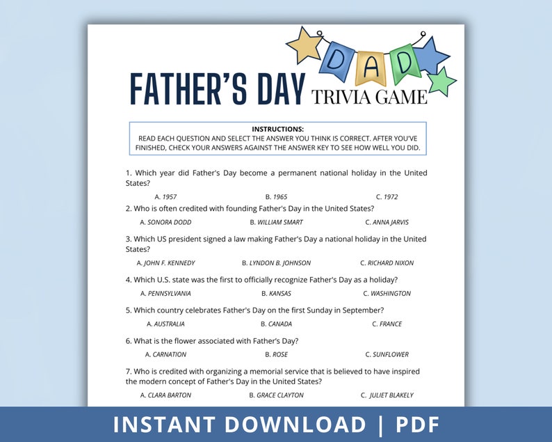 Father's Day Trivia Game | Dad's Day Printable | Quiz for Adults and ...