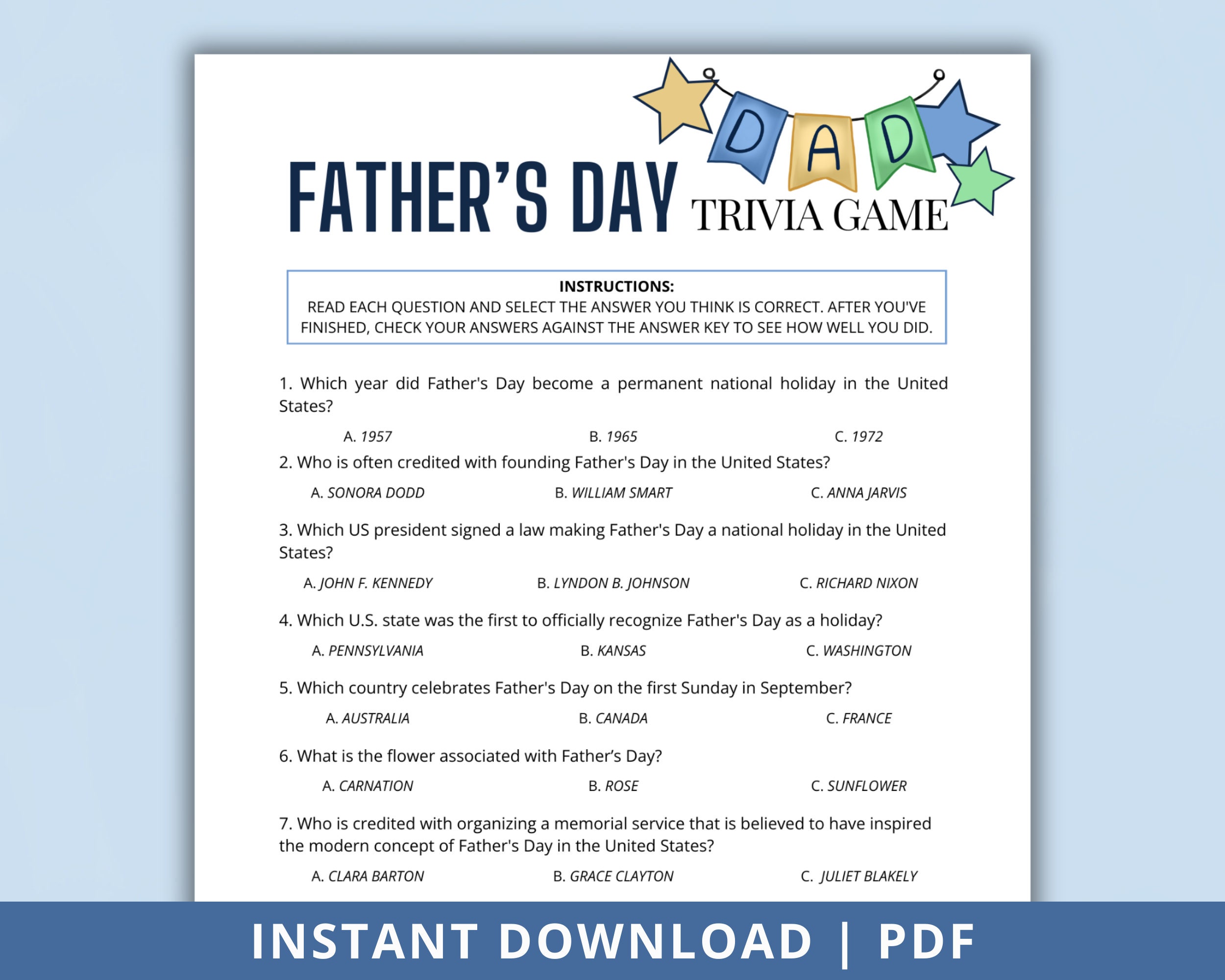 Father's Day Trivia Game | Dad's Day Printable | Quiz for Adults and ...