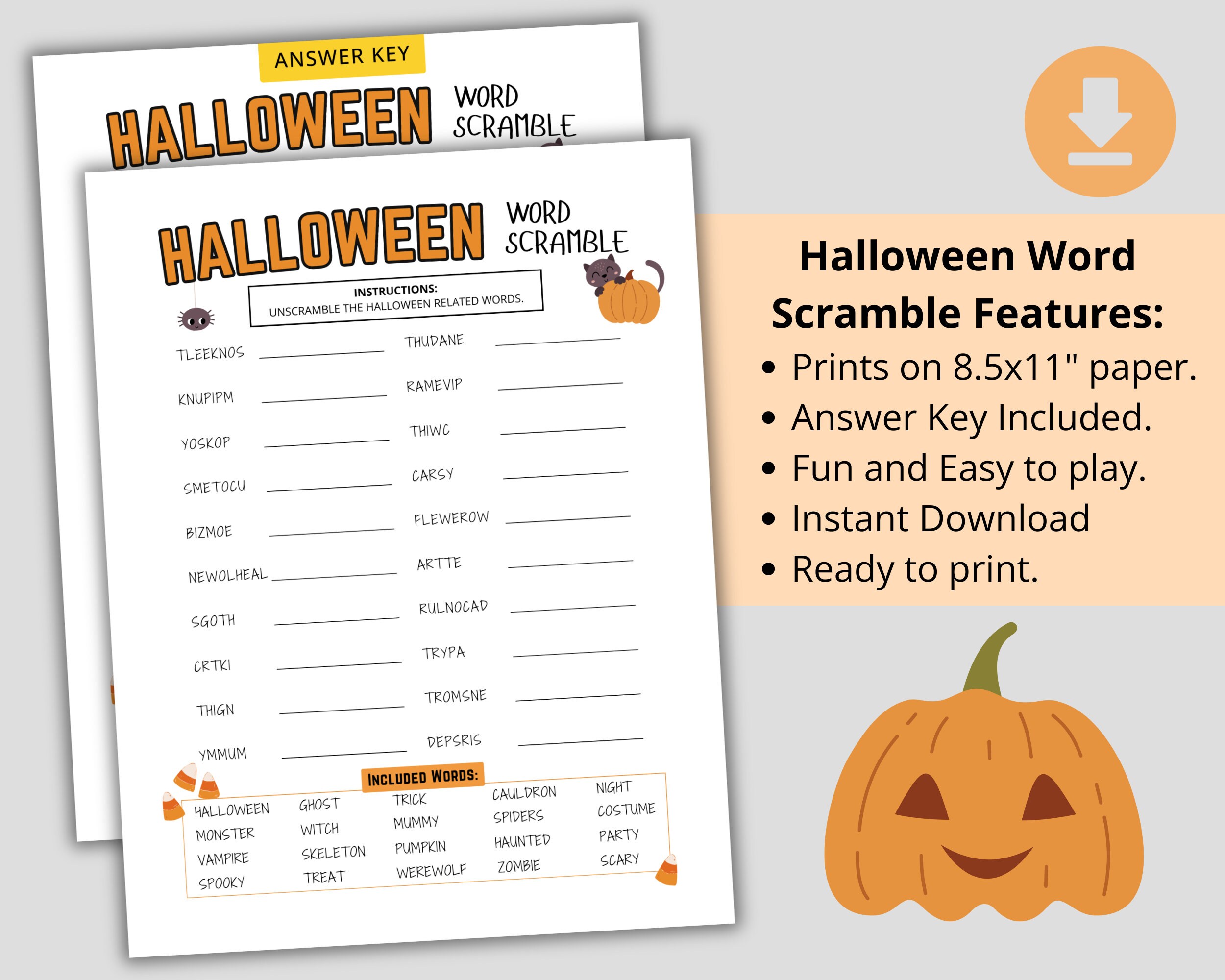 Halloween Word Scramble | Answer Key Included | Printable Halloween ...