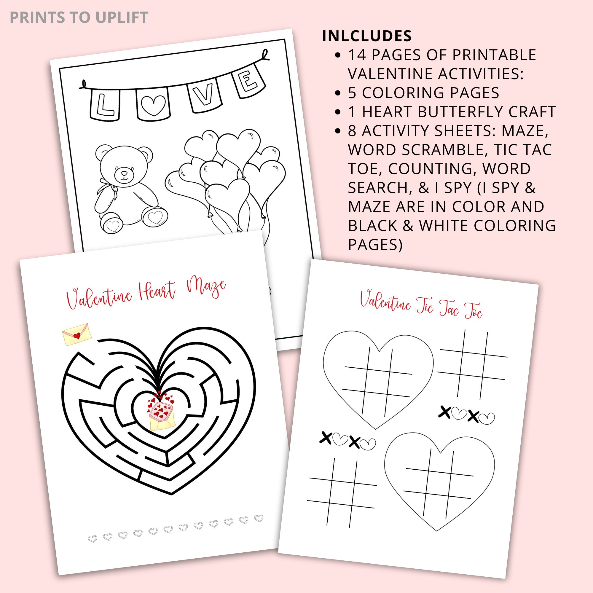 Kids Valentine Activity Pack, 14 Pages Including Coloring Pages, Maze ...