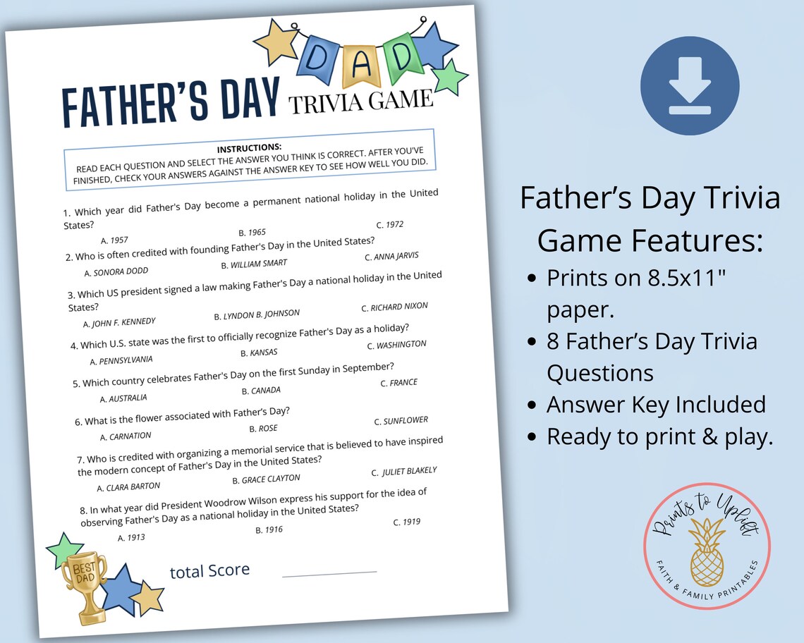 Father's Day Trivia Game | Dad's Day Printable | Quiz for Adults and ...