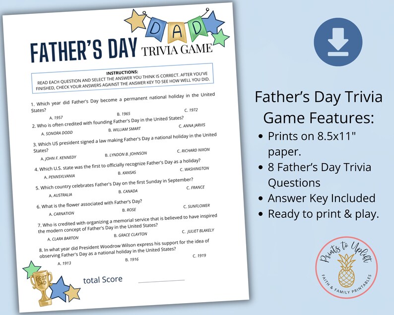 Father's Day Trivia Game | Dad's Day Printable | Quiz for Adults and ...