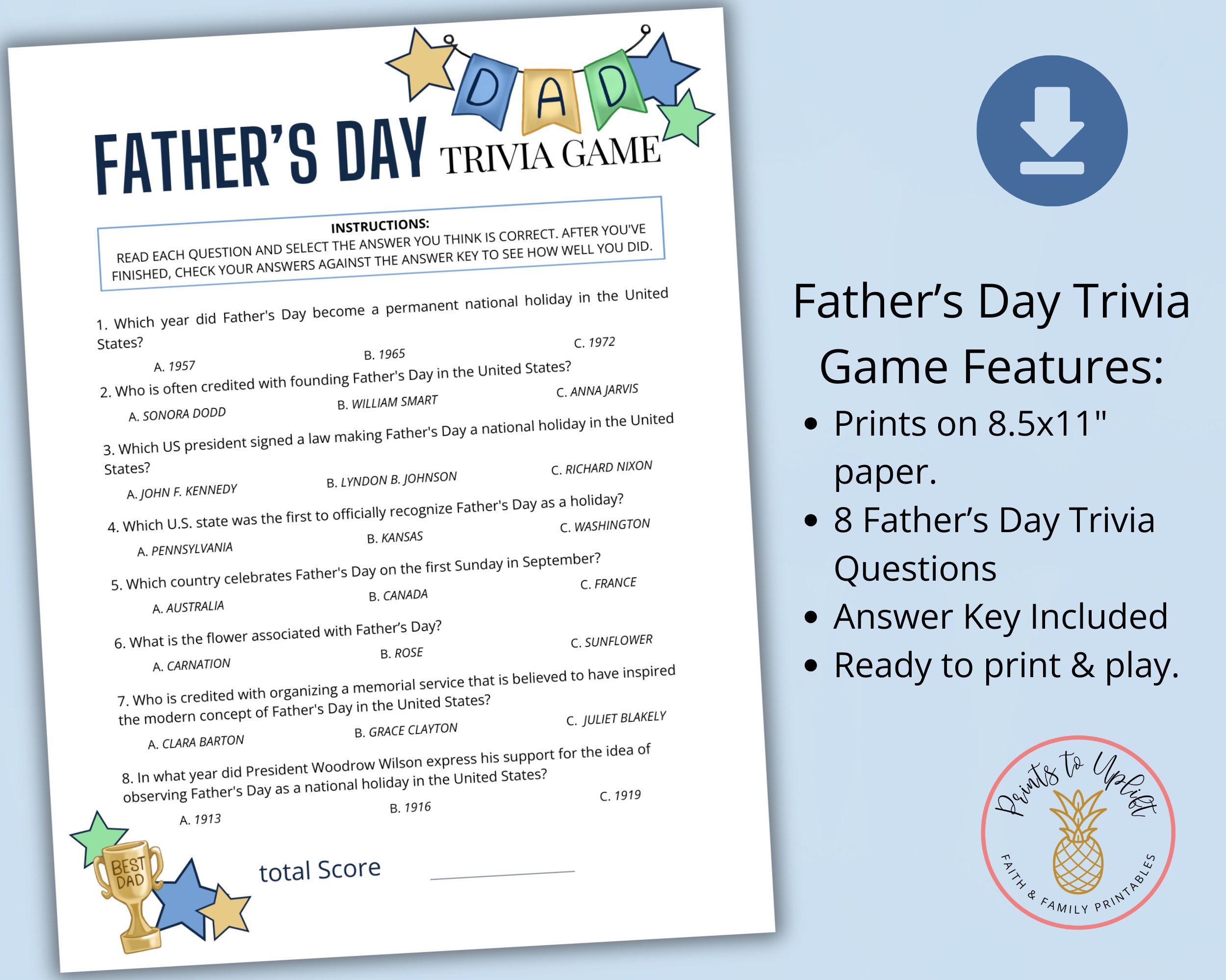 Father's Day Trivia Game | Dad's Day Printable | Quiz for Adults and ...