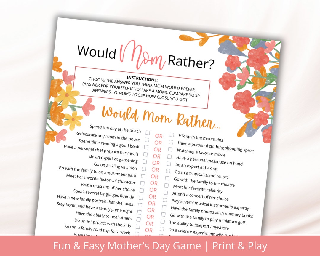 Mother's Day Would Mom Rather Game | Printable PDF | This or That Game ...