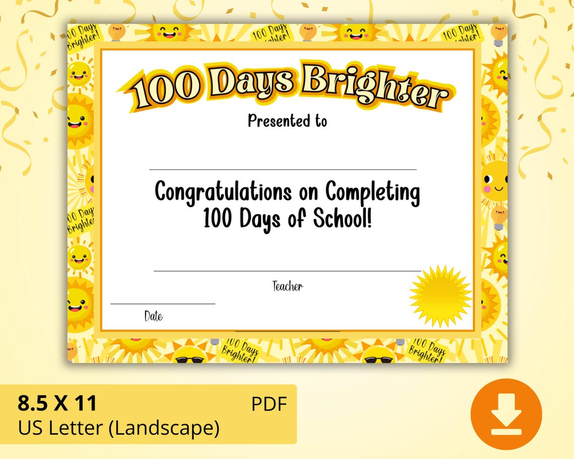 100 Days Brighter Award Certificate | 100 Days of School Student ...