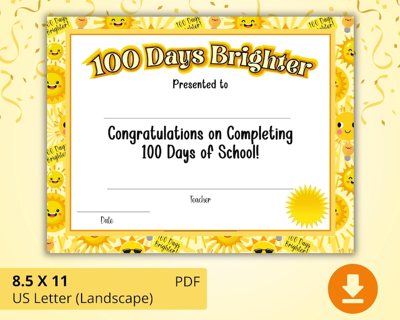 100 Days Brighter Award Certificate | 100 Days of School Student ...