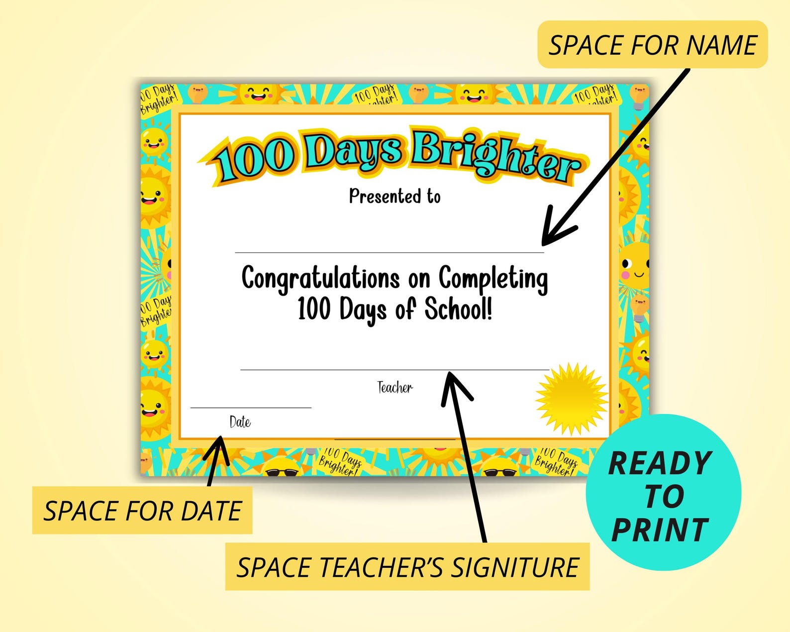 100 Days Brighter Award Certificate | 100 Days of School Student ...