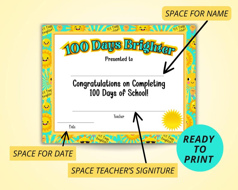 100 Days Brighter Award Certificate | 100 Days of School Student ...