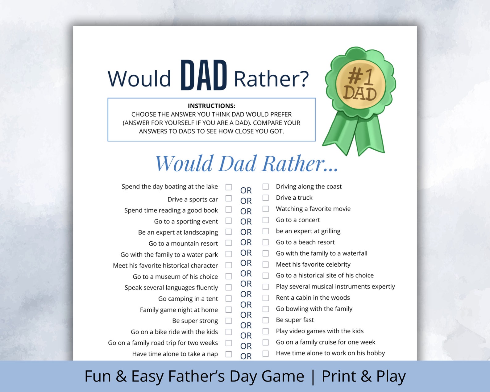 Father's Day Would Dad Rather Game | Printable PDF | This or That Game ...