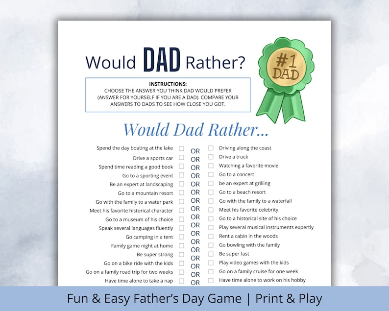 Father's Day Would Dad Rather Game | Printable PDF | This or That Game ...