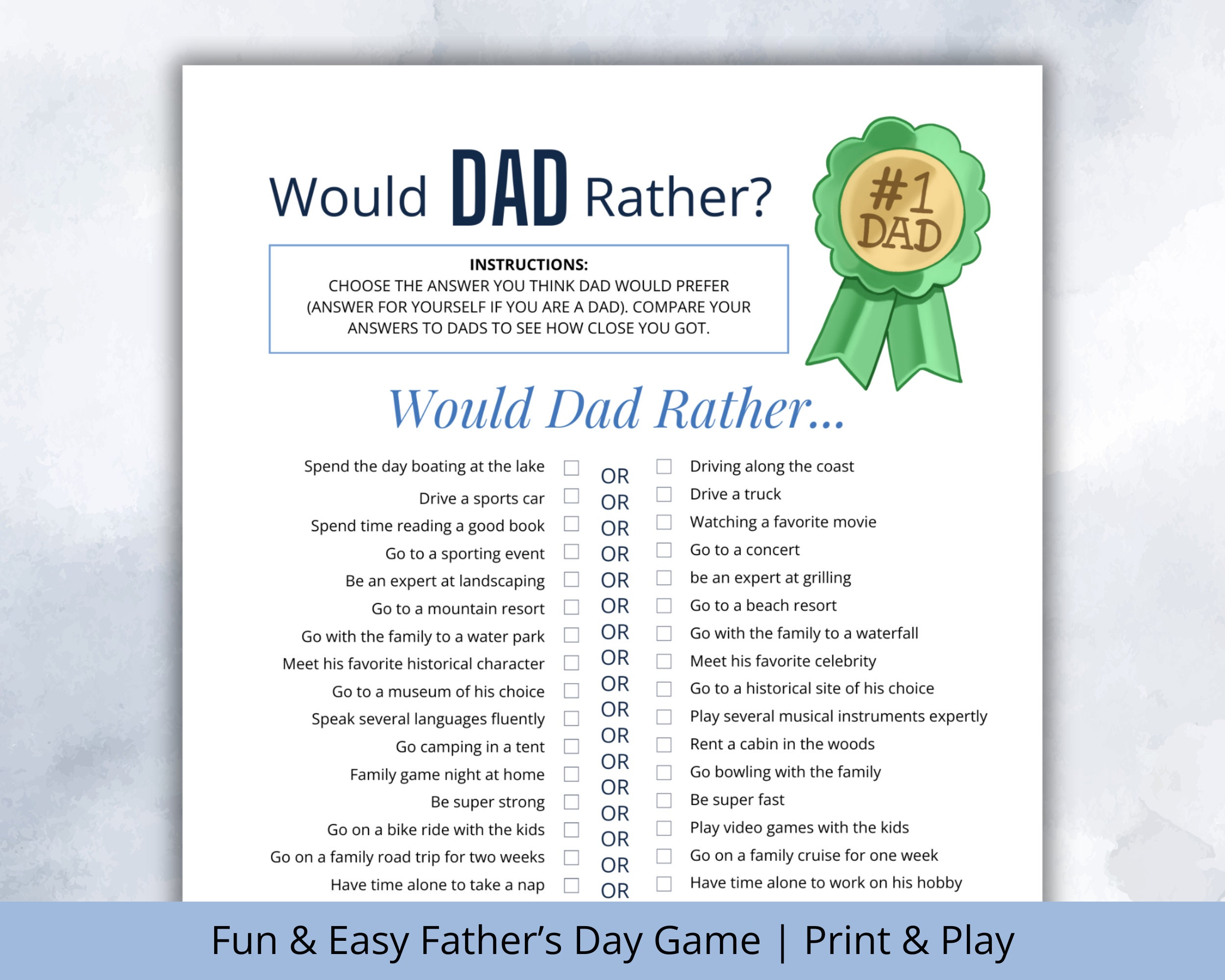 Father's Day Would Dad Rather Game | Printable PDF | This or That Game ...