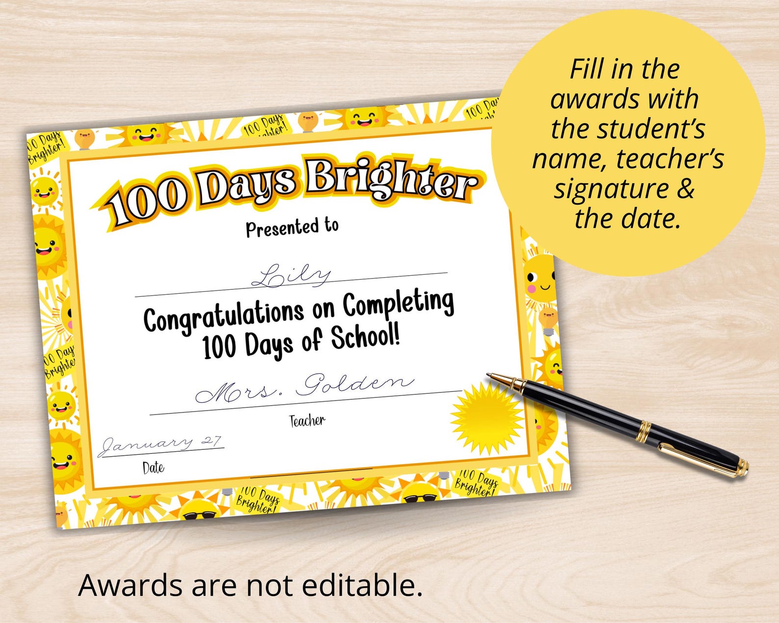 100 Days Brighter Award Certificate | 100 Days of School Student ...