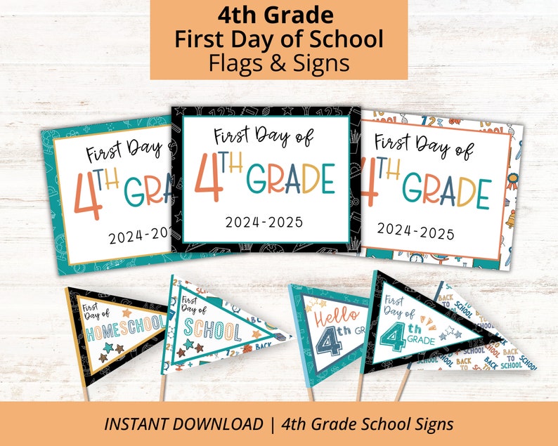 4th Grade Back to School Flags and Signs | 2024 School Year | First Day ...