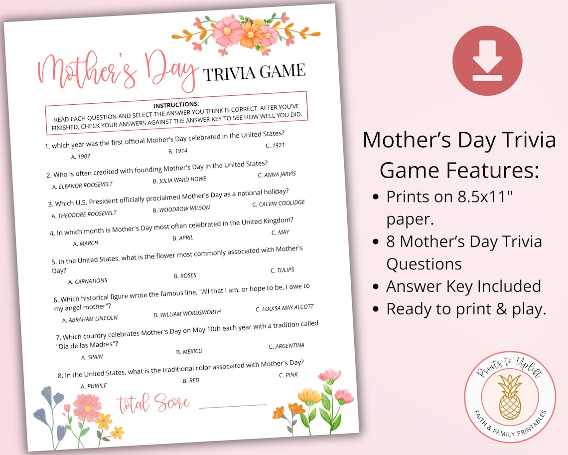 Mother's Day Trivia Game Mom's Day Printable Quiz for Adults and Teens ...