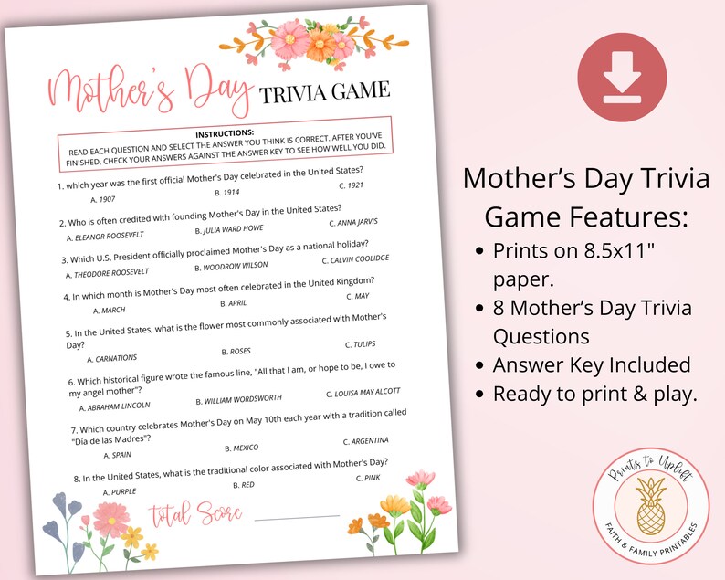 Mother's Day Trivia Game Mom's Day Printable Quiz for Adults and Teens ...