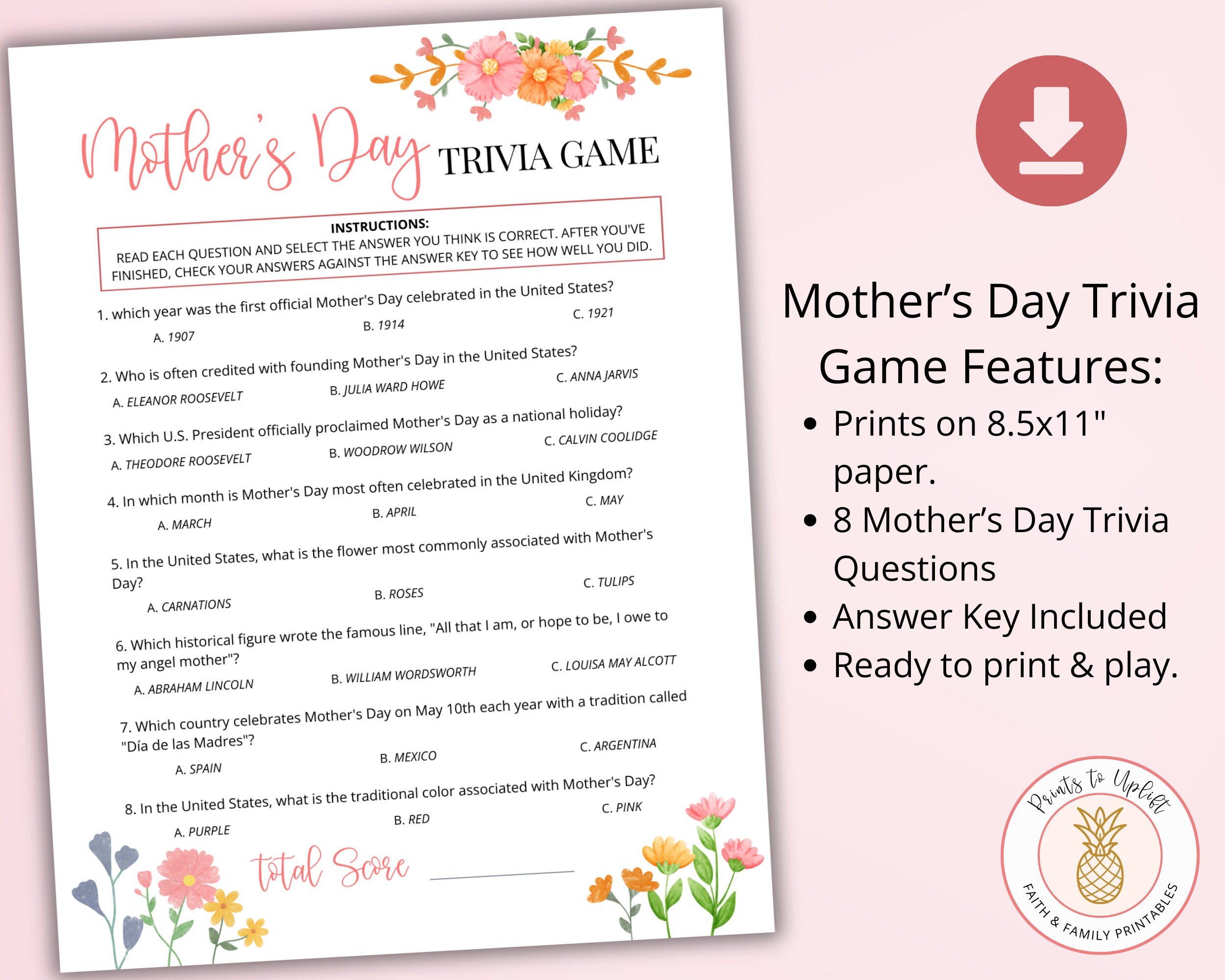 Mother's Day Trivia Game Mom's Day Printable Quiz for Adults and Teens ...
