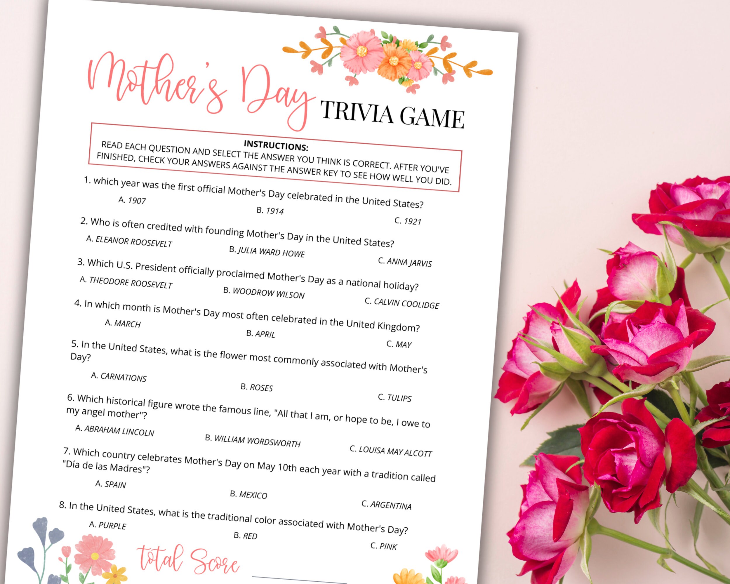 Mother's Day Trivia Game Mom's Day Printable Quiz for Adults and Teens ...