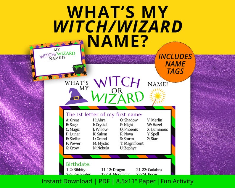 Witch & Wizard Name Generator Game With Name Tags | Printable PDF for ...
