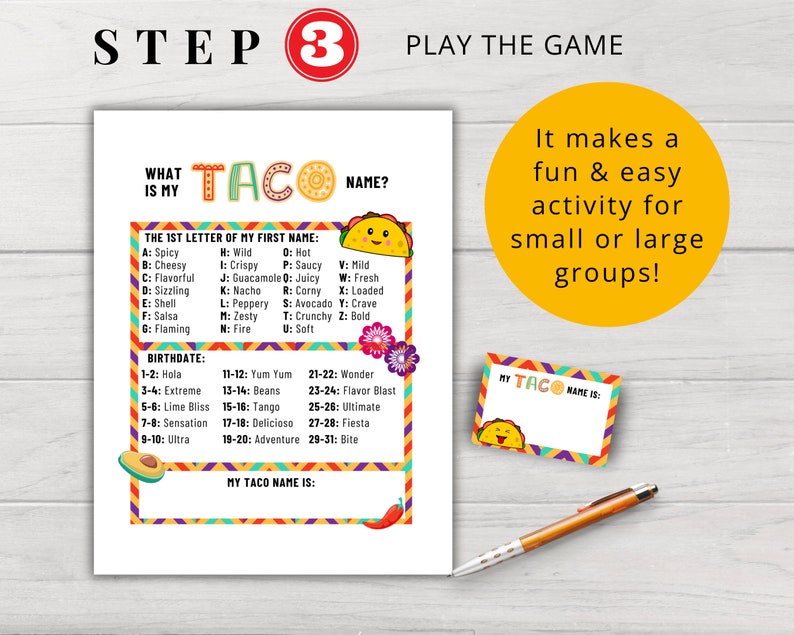 What's My Taco Name Game | Instant Download | Adults and Kids | Taco ...