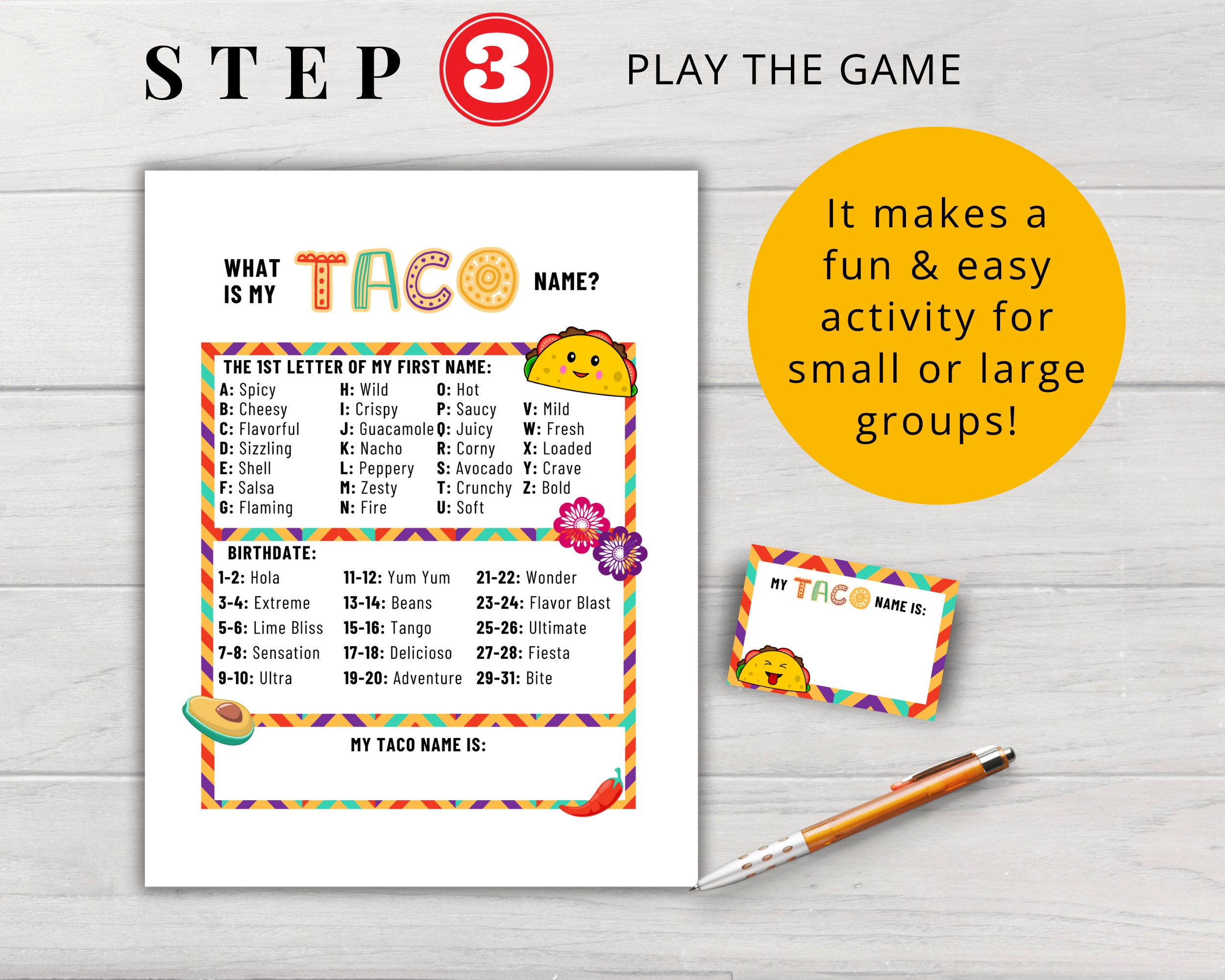 What's My Taco Name Game | Instant Download | Adults and Kids | Taco ...