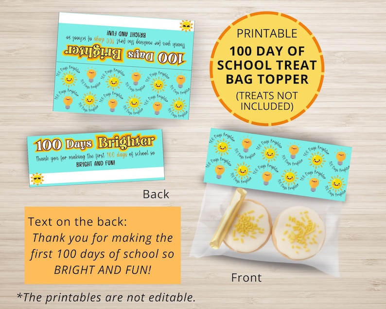 100 Days Brighter Printable Treat Bag Topper | 100th Day of School ...