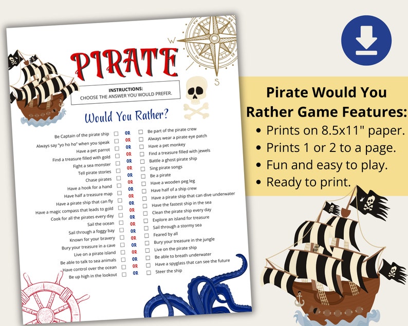 Pirate Would You Rather Printable Game | Party Icebreaker | Pirate ...