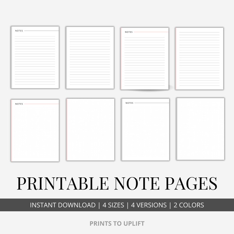 Note Pages Printable, Lined and Dotted Pages, Gray & Pink Options ...