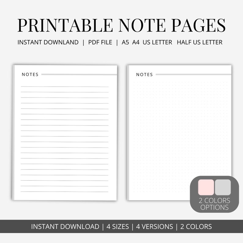Note Pages Printable, Lined and Dotted Pages, Gray & Pink Options ...